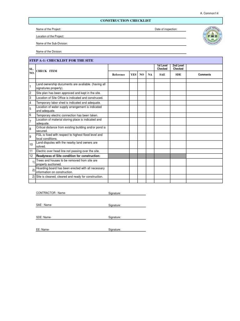 Construction Checklist: SL. NO. Check Item | PDF | Safety