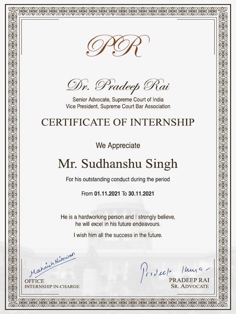 INTERNSHIP CERTIFICATE - Mr. Sudhanshu Singh | PDF