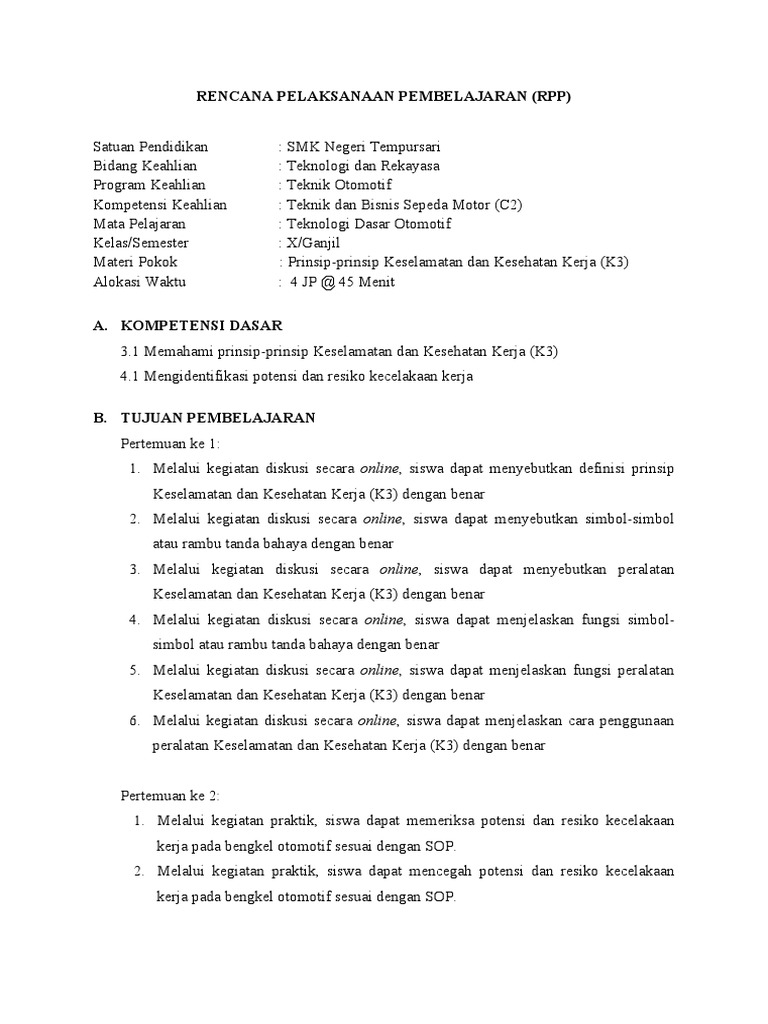RPP KD. 3.1 RPP Prinsip-Prinsip Keselamatan Dan Kesehatan Kerja (K3) | PDF