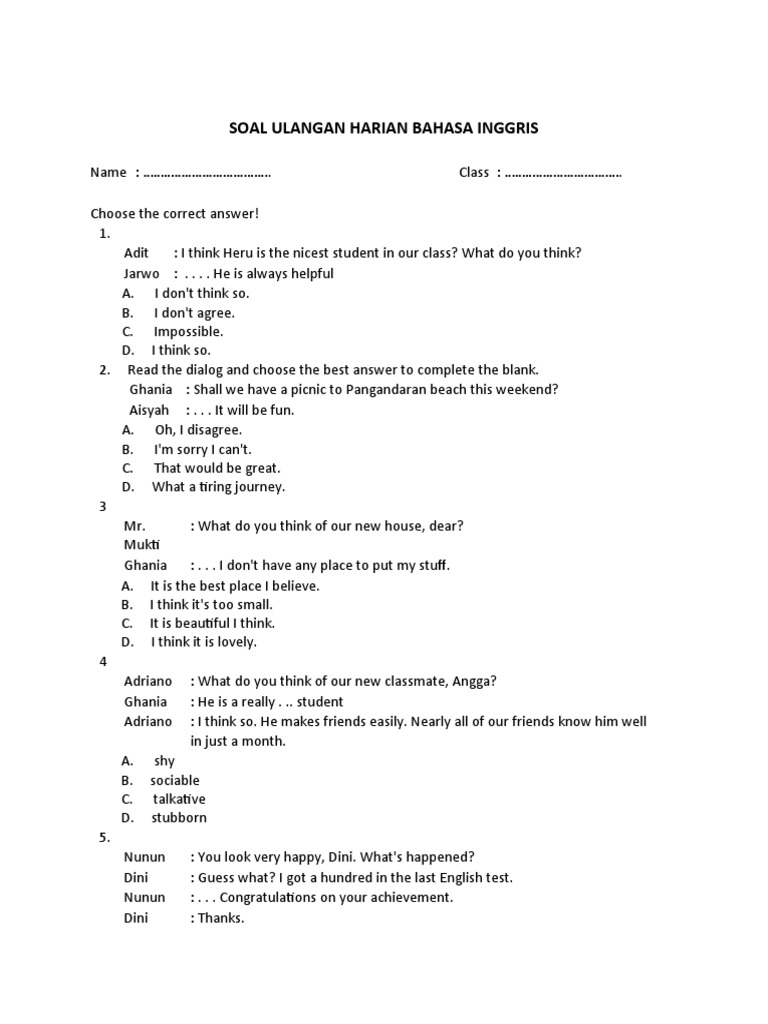 SOAL ULANGAN HARIAN BAHASA INGGRIS Kls 8 | PDF