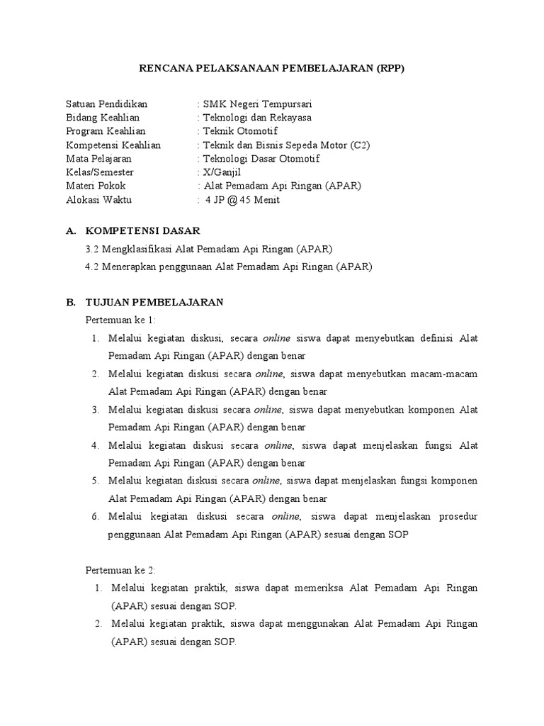 RPP KD. 3.2 RPP Mengklasifikasi Alat Pemadam API Ringan (APAR) | PDF