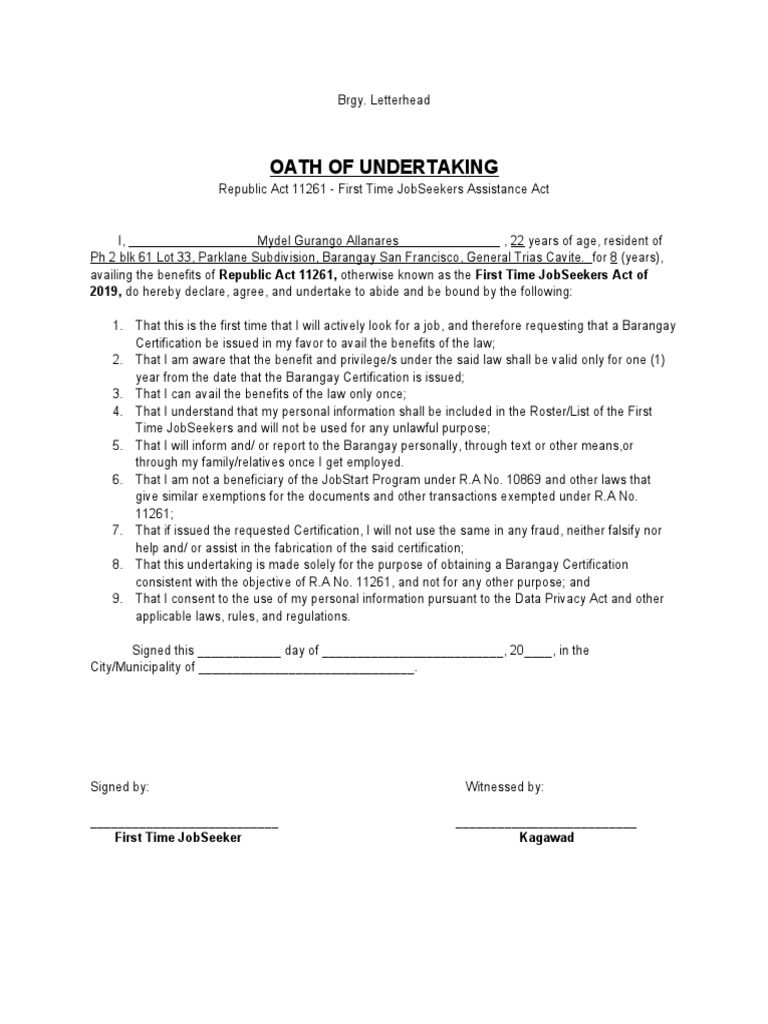 Oath of Undertaking Template | PDF | Finance & Money Management | Social Science