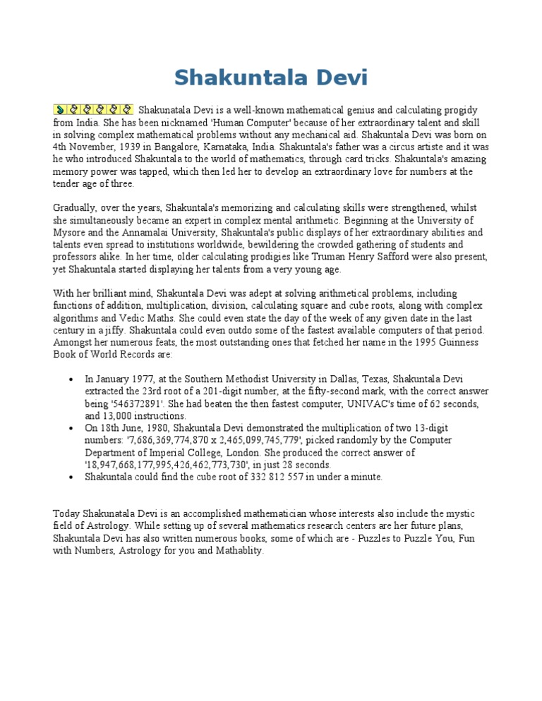Shakuntala Devi | PDF | Teaching Mathematics | Cognition