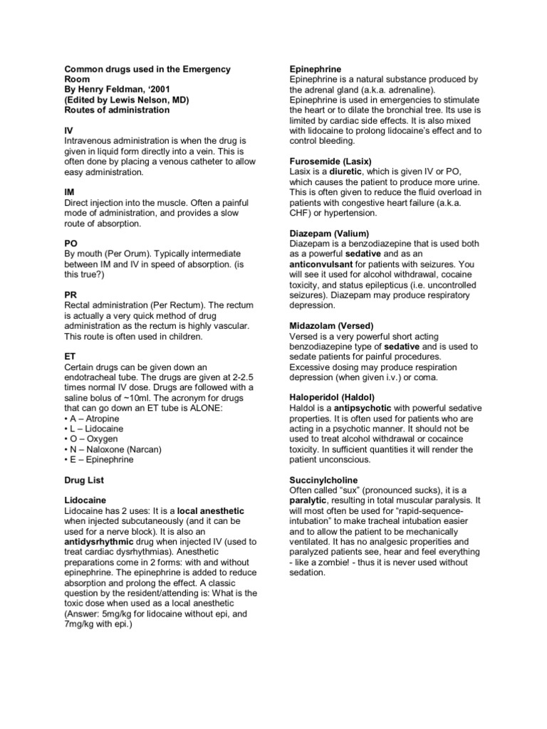 Emergency Drugs and Their Uses | PDF | Rtt | Pharmacology