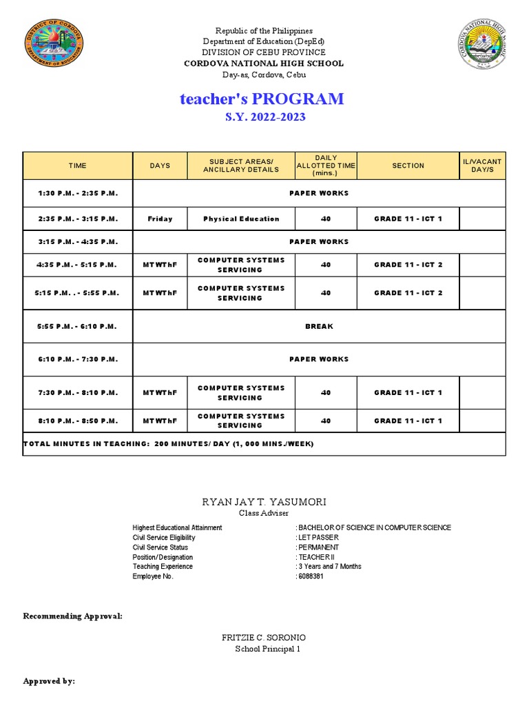 Class Program & Teachers Program 2022-2023 | PDF