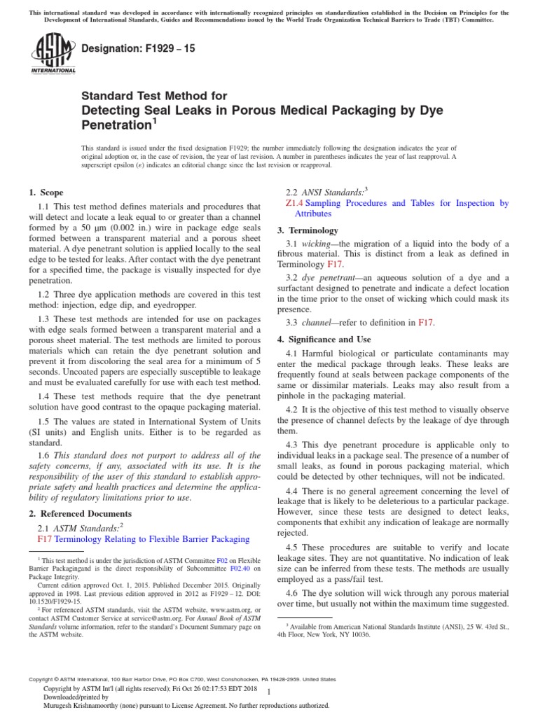 Dye Penetration Test F1929 15 Pdf Sterilization Microbiology Density