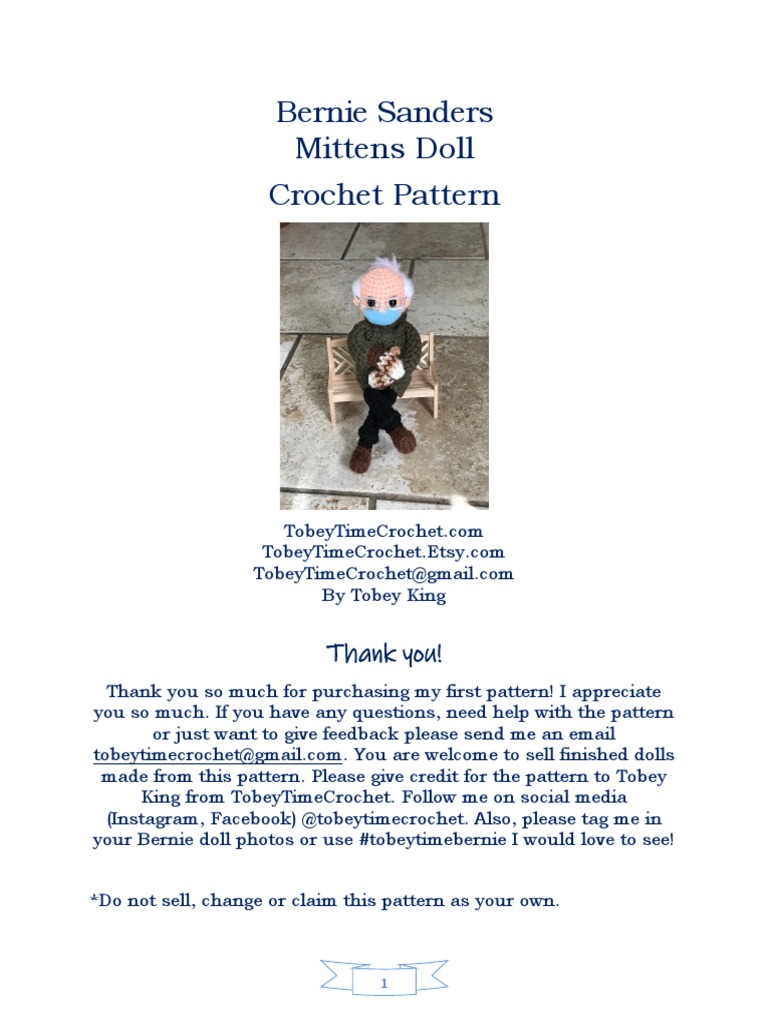 Bernie Sanders Mittens Crochet Doll Pattern | PDF | Crochet | Textile Arts
