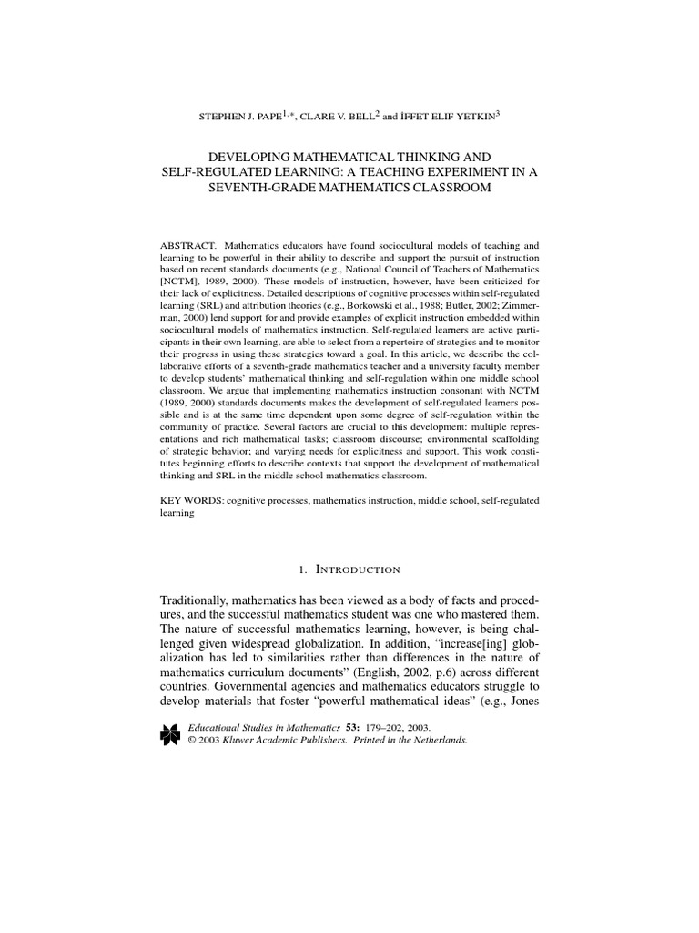 2003 Developing Mathematical Thinking And Self Regulated Learning A 3469