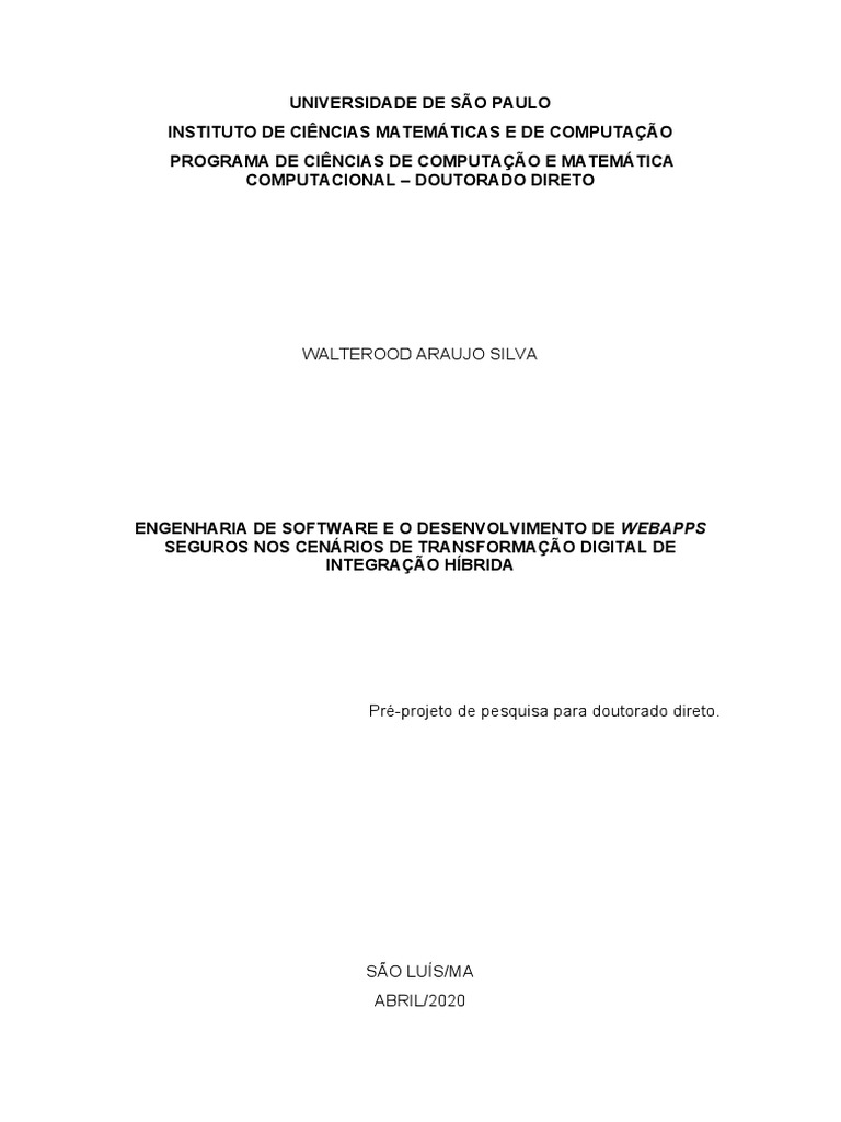 Pré Projeto De Doutorado Direto Walterood Download Grátis Pdf