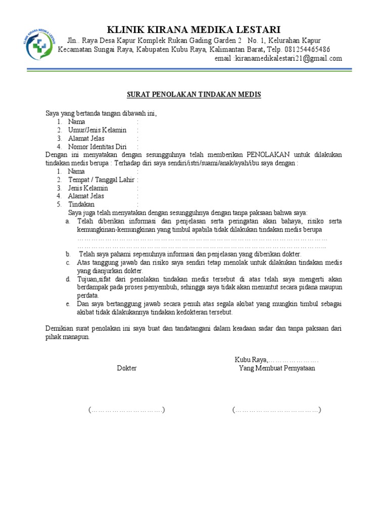Surat Penolakan Tindakan Medis Klinik | PDF | Kesehatan Holistik ...