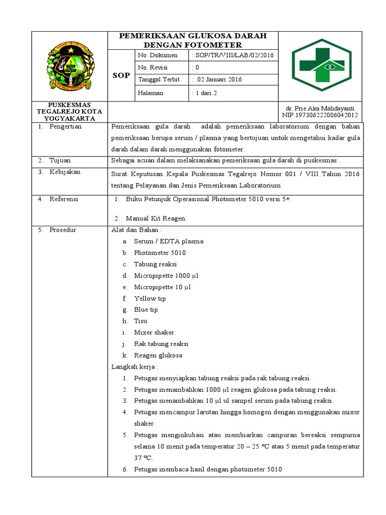 SOP Pemeriksaan Glukosa Darah Dengan Fotometer Edit | PDF