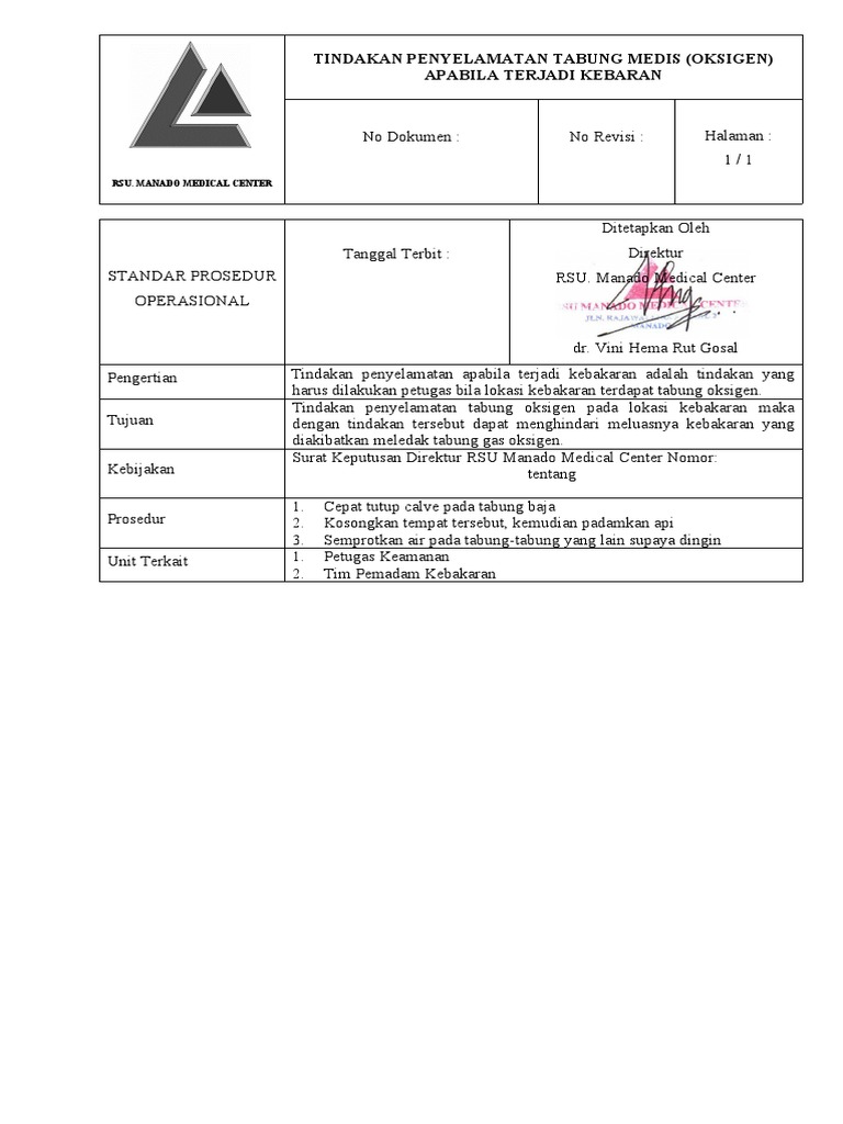 Sop Tindakan Penyelamatan Tabung Medis (Oksigen) Apabila Terjadi ...