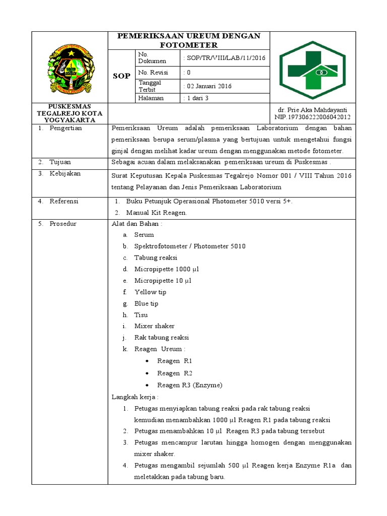 SPO Pemeriksaan Ureum Dengan Fotometer | PDF