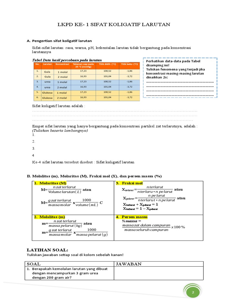 LKPD Ke-1 Pengertian Sifat Koligatif Larutan Dan Konsentrasi Larutan | PDF