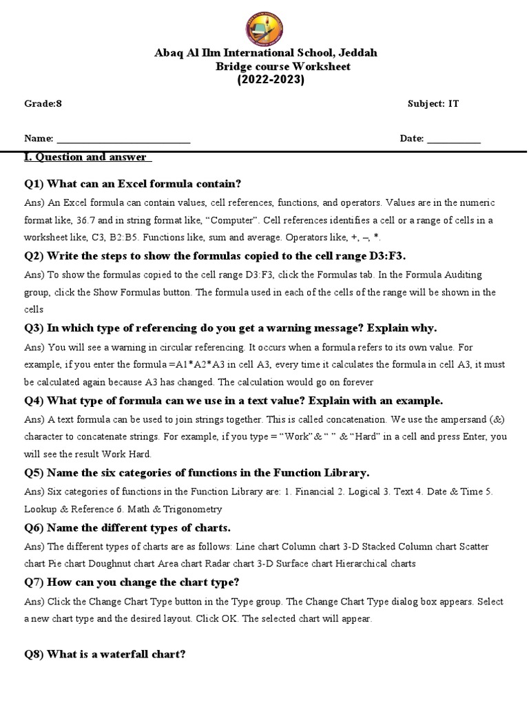 Bridge Course For Grade 8 Worksheet 2022-2023 Answer Key | PDF ...