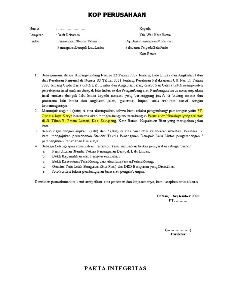 Draft SURAT PERNYATAAN Dan PAKTA INTEGRITAS ANDALALIN | PDF