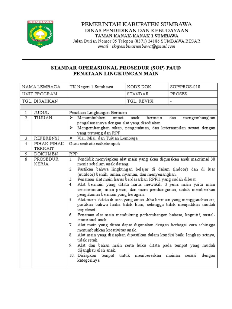 10 Sop Paud Penataan Lingkungan Main | PDF