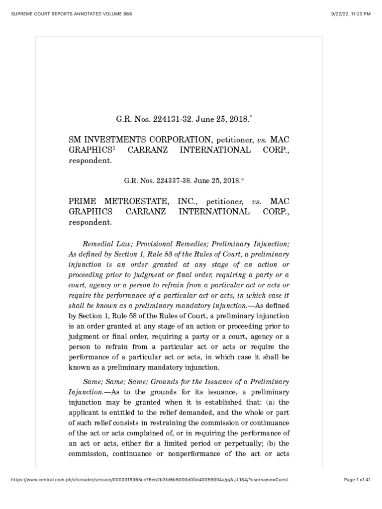 SM Investments Corporation v. Mac Graphics | PDF | Injunction | Lease