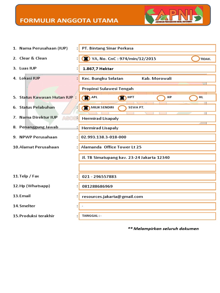 Formulir Anggota Utama Apni 2022 | PDF
