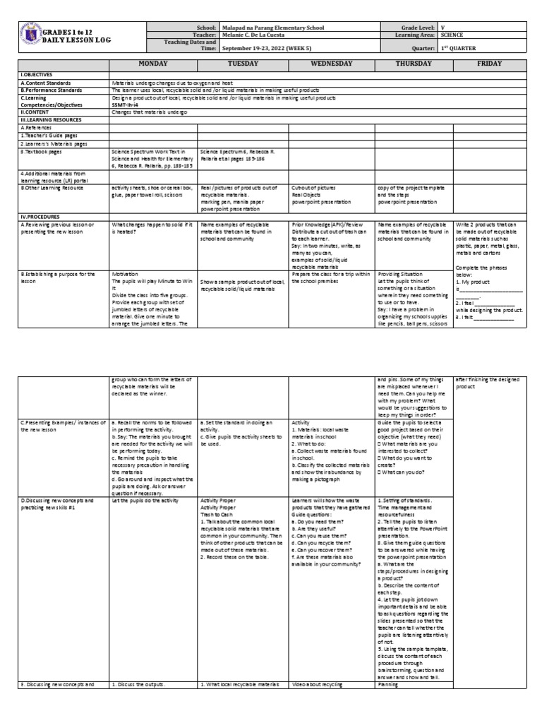 DLL - Science 5 - Q1 - W8 | PDF | Differentiated Instruction | Teachers
