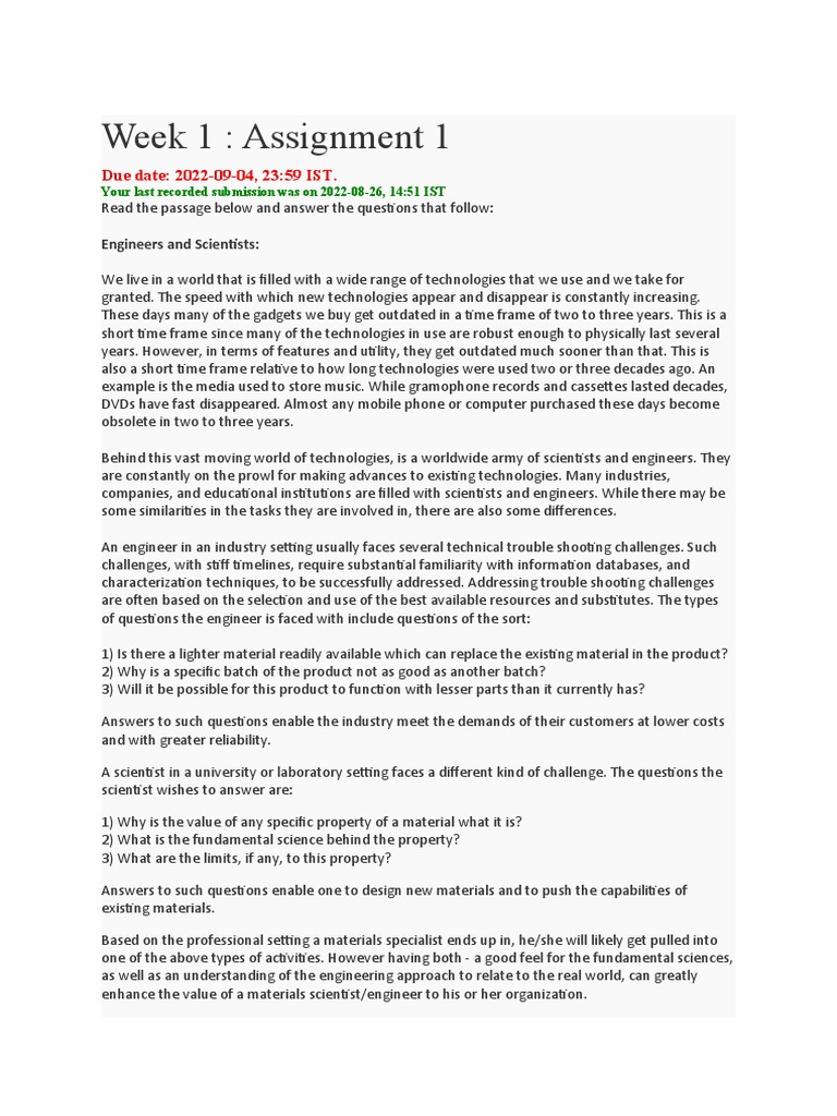 Week 1 Assignment | PDF | Science | Engineer