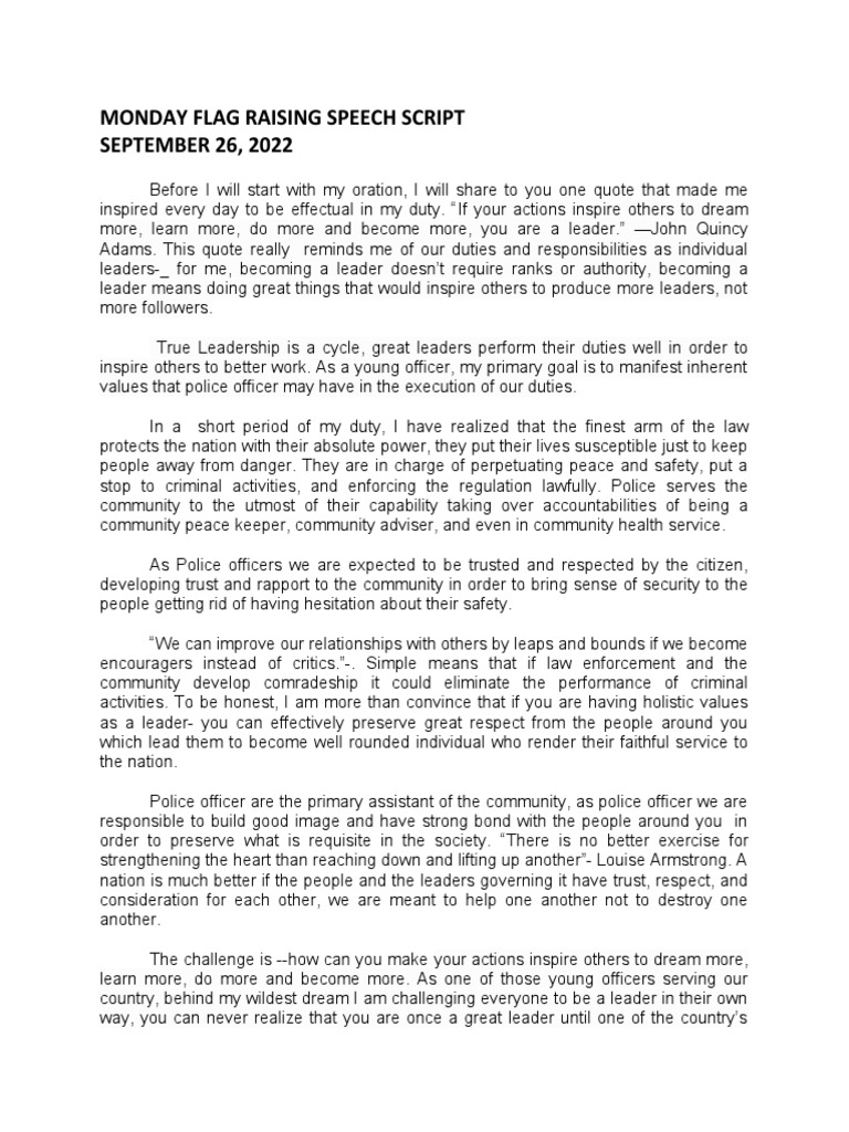 Monday Flag Raising Speech Script | PDF | Police | Justice