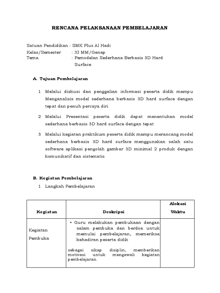 RPP Mapel Animasi 2D Dan 3D Modul 5 Pemodelan 3d Handsurface | PDF