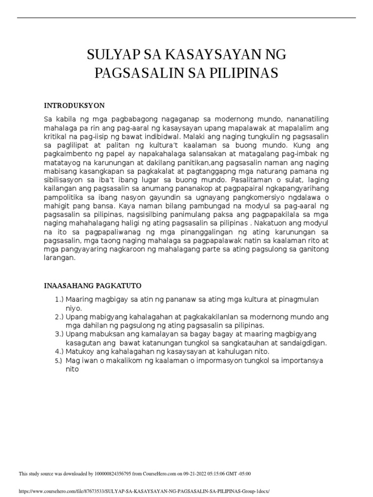 Sulyap Sa Kasaysayan NG Pagsasalin Sa Pilipinas Group 1 | PDF Sulyap Sa Kasaysayan NG Pagsasalin Sa Pilipinas Group 1 | PDF
