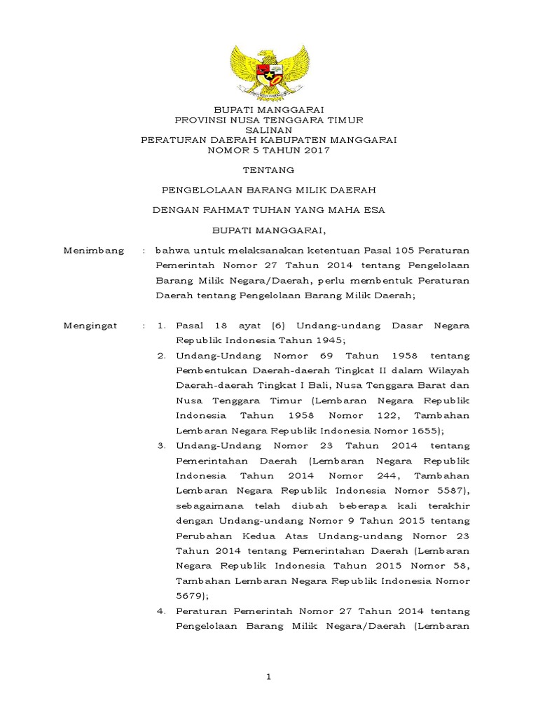 Perda Kab. Manggarai NMR 5 THN 2017 TTG Pengelolaan Barang Milik Daerah ...