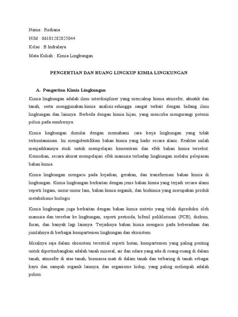Rodiana - 06101282025044 - Tugas Mandiri Pertemuan 1 Kimia Lingkungan | PDF