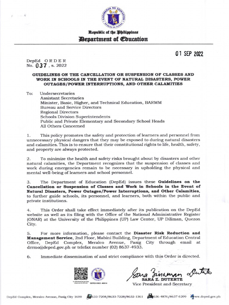 DO - s2022 - 037 DepEd Guidelines Suspension of Work Classes | PDF
