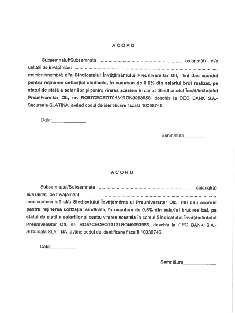 Acord Retinere Cotizatie Stat Plata | PDF