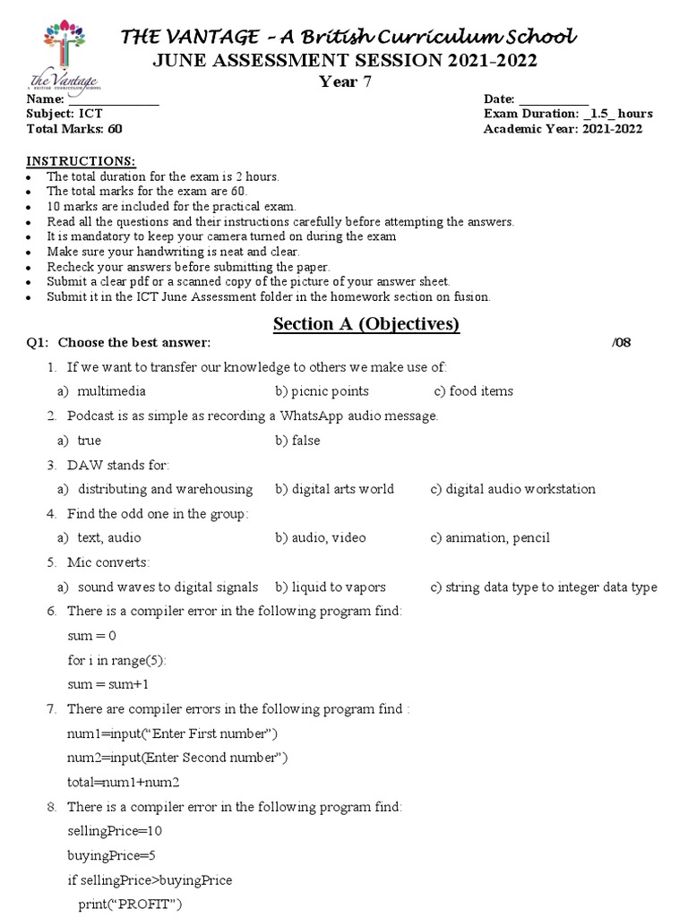 (15683) ICT Year 7 | PDF | Test (Assessment) | Control Flow