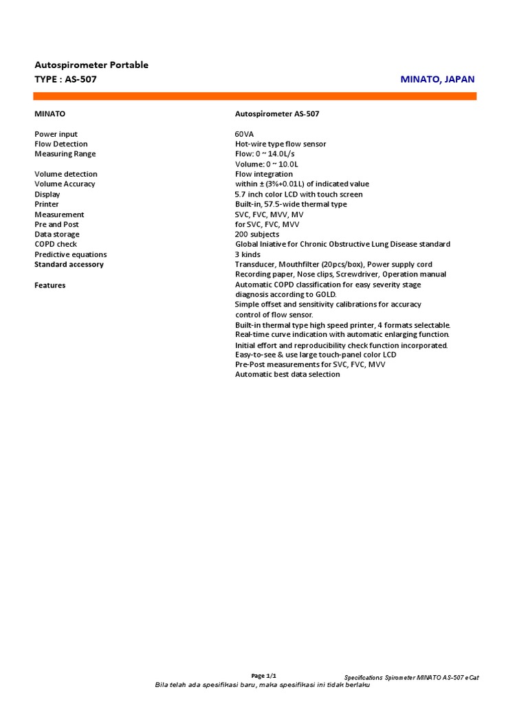 Specifications Spirometer MINATO AS-507 Ecat | PDF