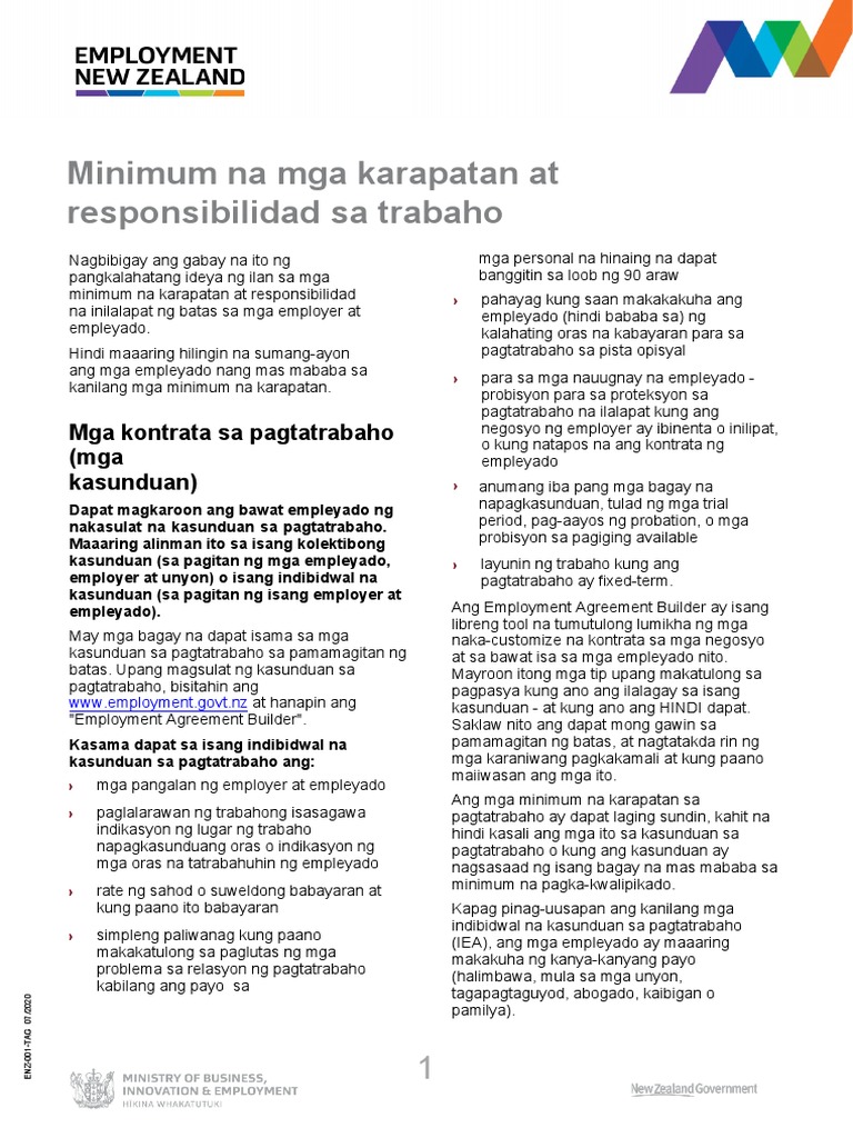 Minimum Employment Rights and Responsibilities Tagalog Translation | PDF