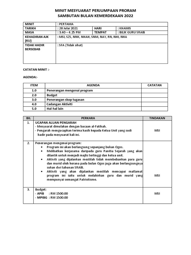 Minit Mesyuarat Program Kemerdekaan 2022 | PDF