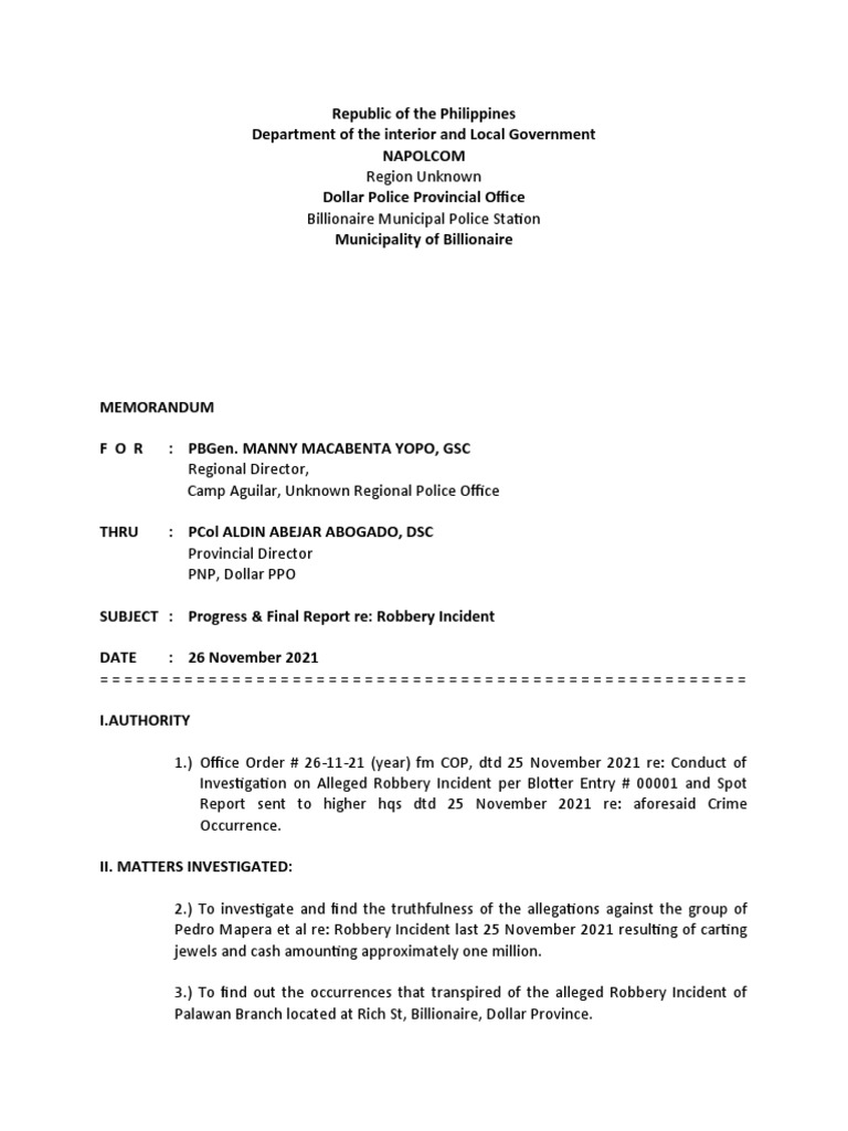 Robbery Report: Palawan Branch Incident | PDF | Justice | Crime & Violence