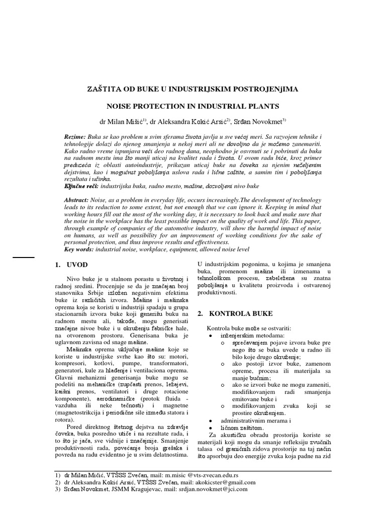 Misic Milan, Zastita Od Buke U Industrijskim Postrojenjima | PDF