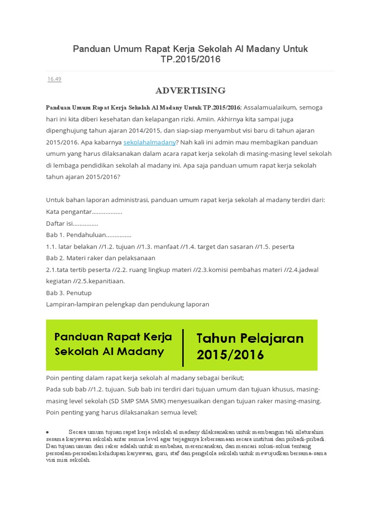 Panduan Umum Rapat Kerja Sekolah Al Madany Untuk TP.2015-2016 | PDF