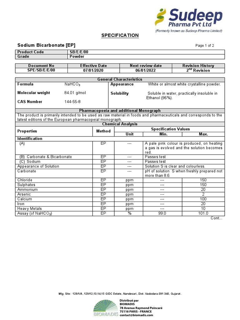 Sodium Bicarbonate EP (Excipient) | PDF | Sodium Bicarbonate | Solubility