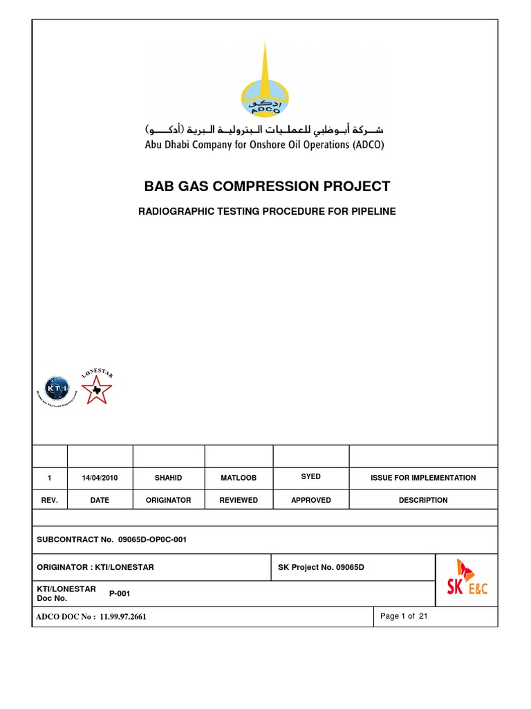 P-001 Radiographic Testing Procedure For Pipeline | PDF ...