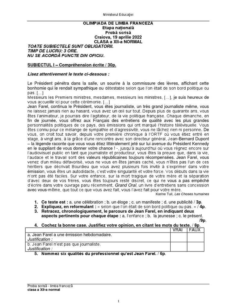 Olympiade de français - Proba scrisă 2022 | PDF | Arts du langage et ...