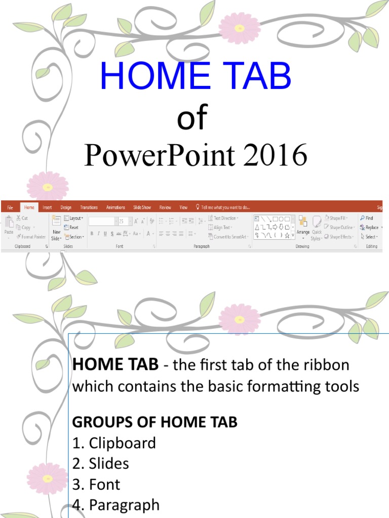 Home Tab of Powerpoint 2016 | PDF | Paragraph | Typography