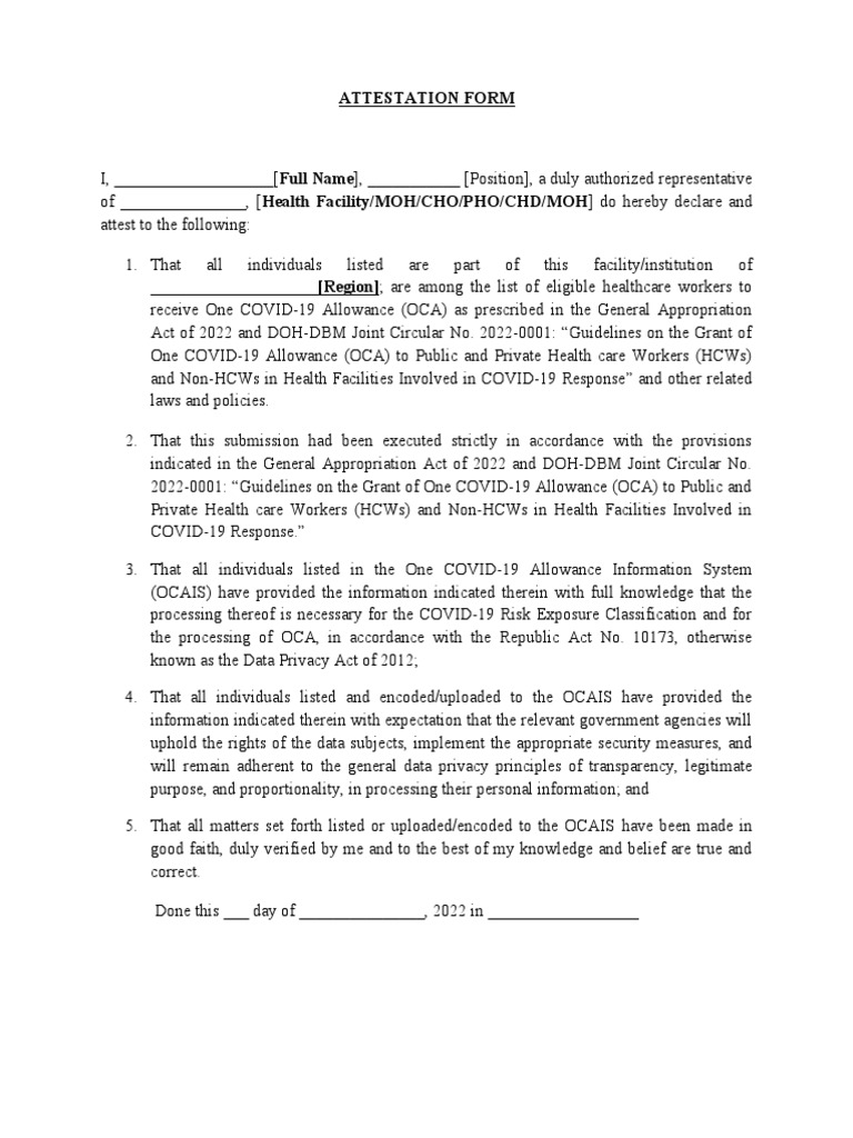 Attestation of Healthcare Workers Eligibility for the One COVID-19 ...