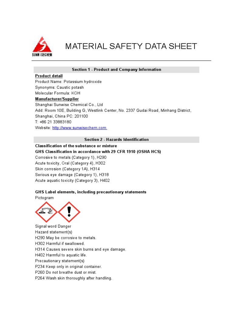 MSDS Potassium Hydroxide | PDF | Magnesium | Physical Sciences