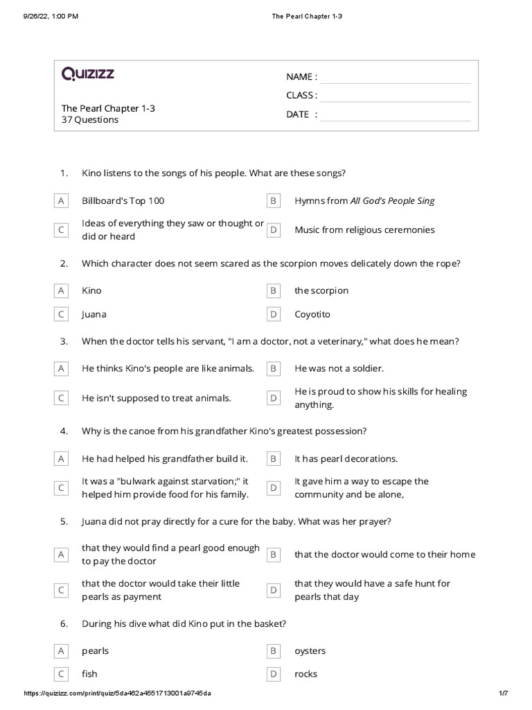 Chapter 1-3 Quiz for "The Pearl" | PDF
