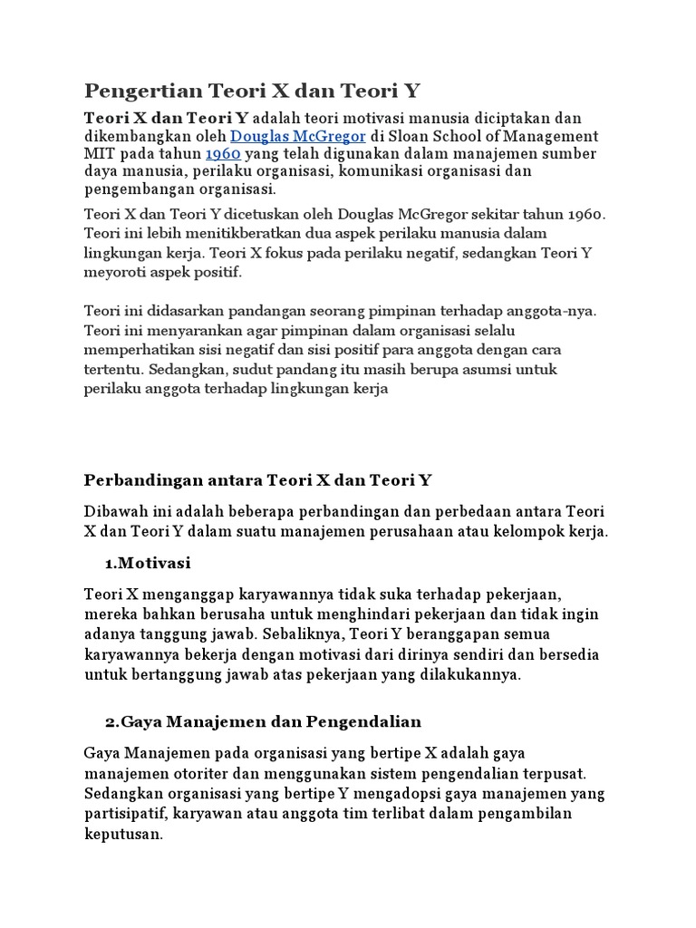 Perbandingan Teori X dan Y McGregor | PDF