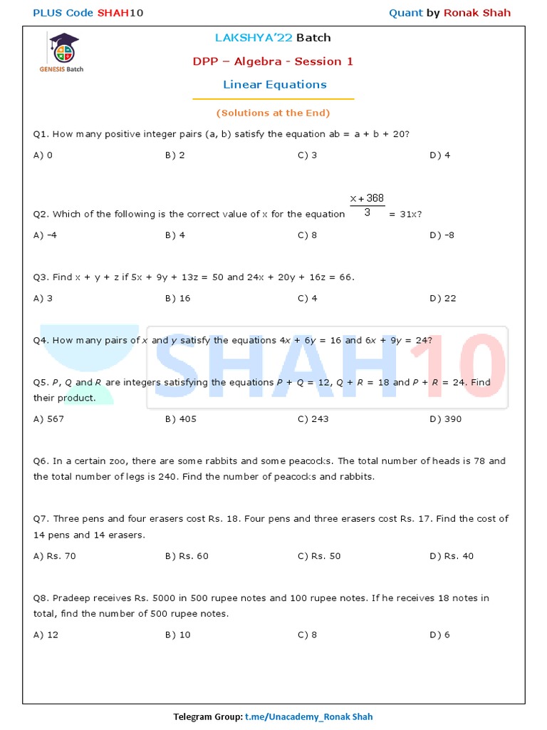 Algebra DPP Solutions by Ronak Shah | PDF | Equations | Mathematical Analysis