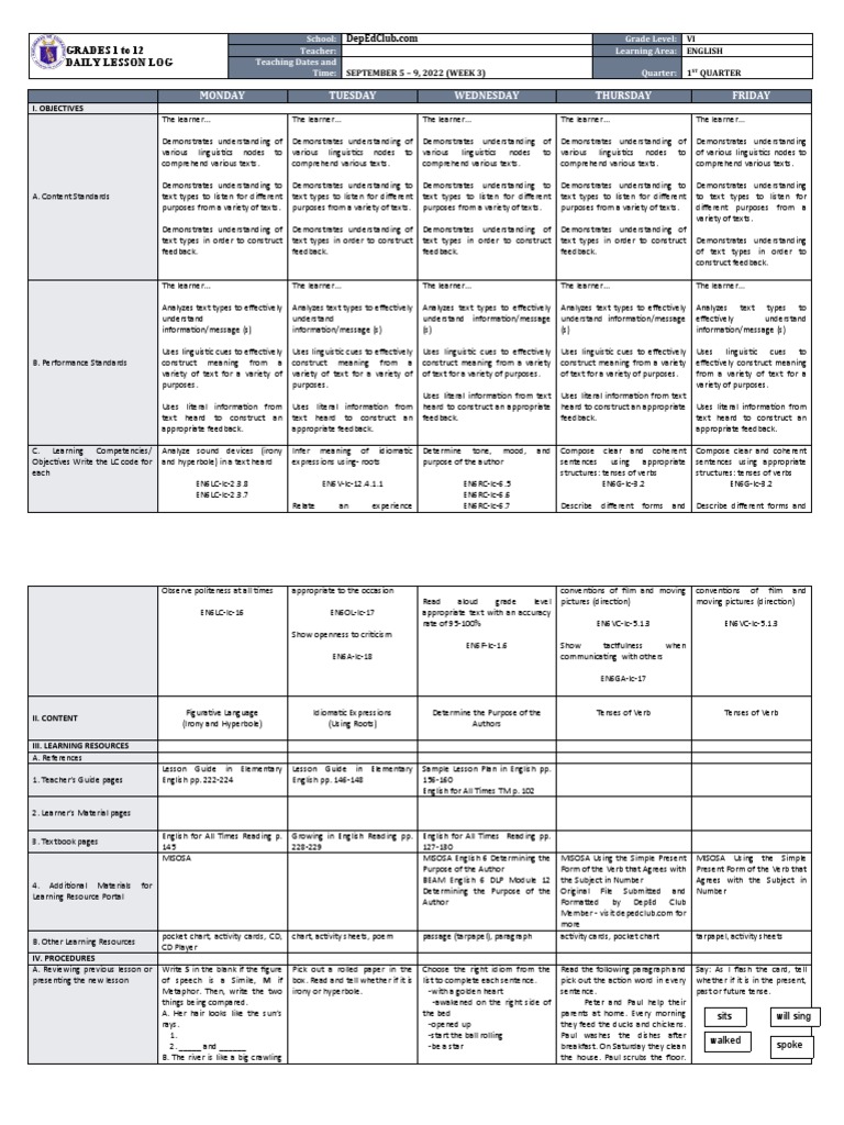 DLL - English 6 - Q1 - W3 | PDF | English Language | Learning