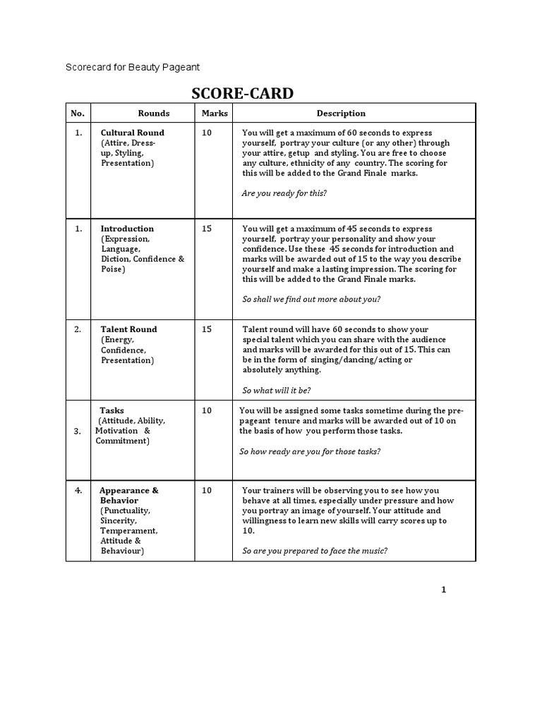 Beauty Pageant Scorecard Template | PDF | Cognition | Cognitive Science